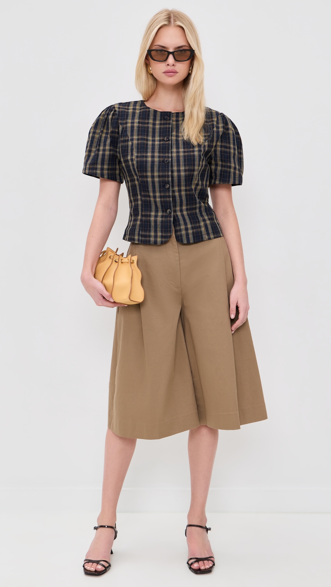 LIONESS Lioness Femme Plaid Puff Sleeve Blouse